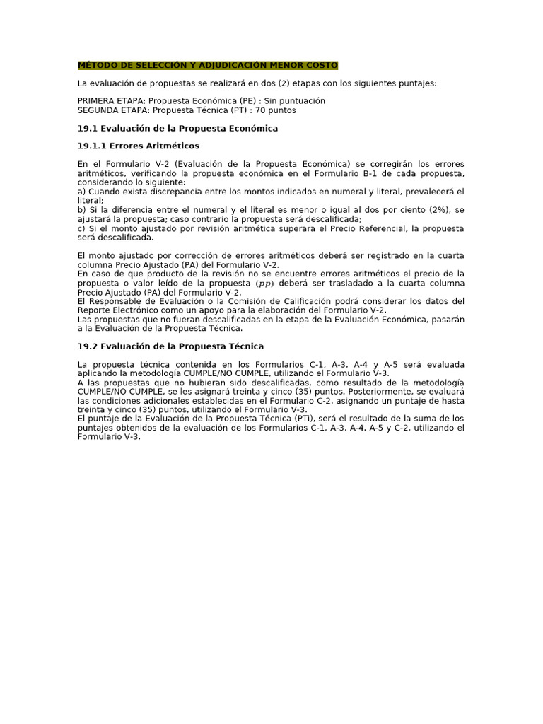 Método de Selección y Adjudicación Menor Costo | PDF