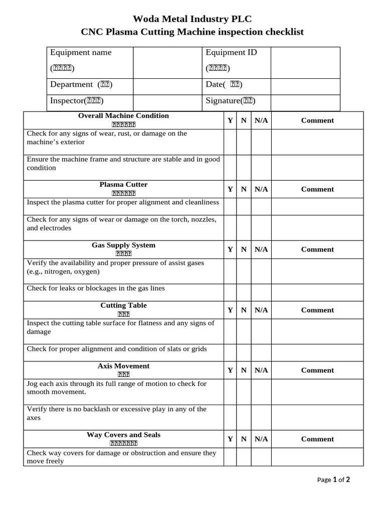 CNC Plasma Cutting Machines Inspection Checklist | PDF | Mechanical ...