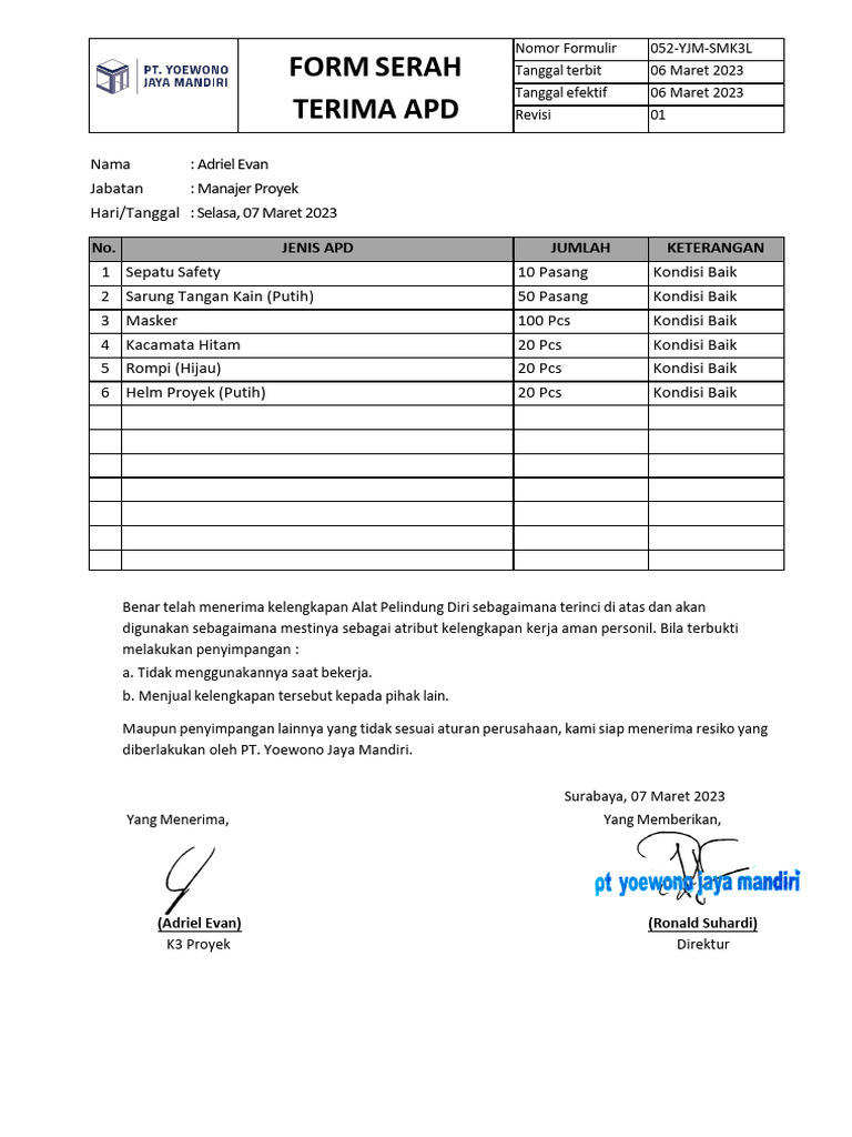 Form Serah Terima APD | PDF