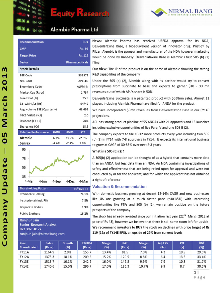 Alembic Pharma - Company Update | PDF | Stocks | Pharmaceutical Industry
