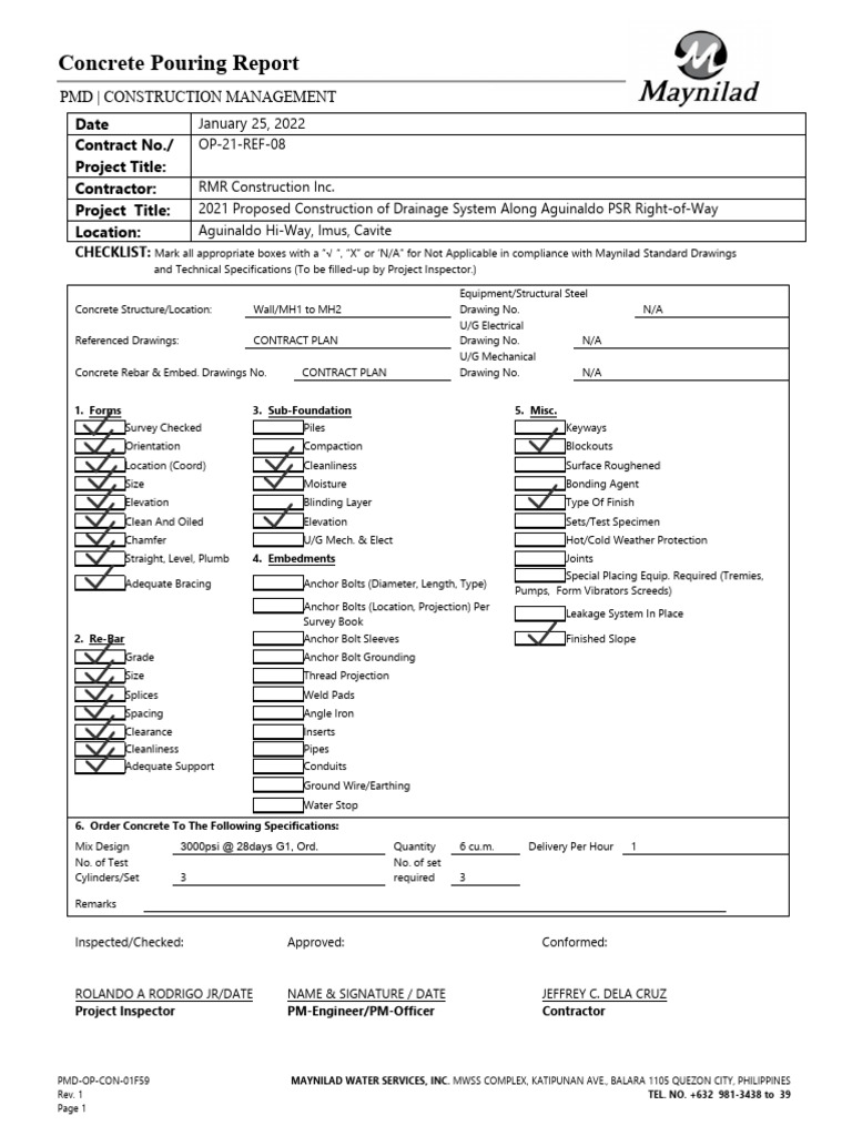 PMD-OP-CON-01F59, Concrete Pouring Report Jan. 25, 2022 Wall | PDF ...