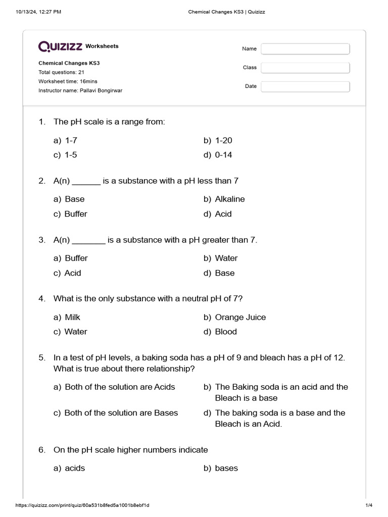KS3 Chemical Changes Worksheet | PDF | Ph | Acid