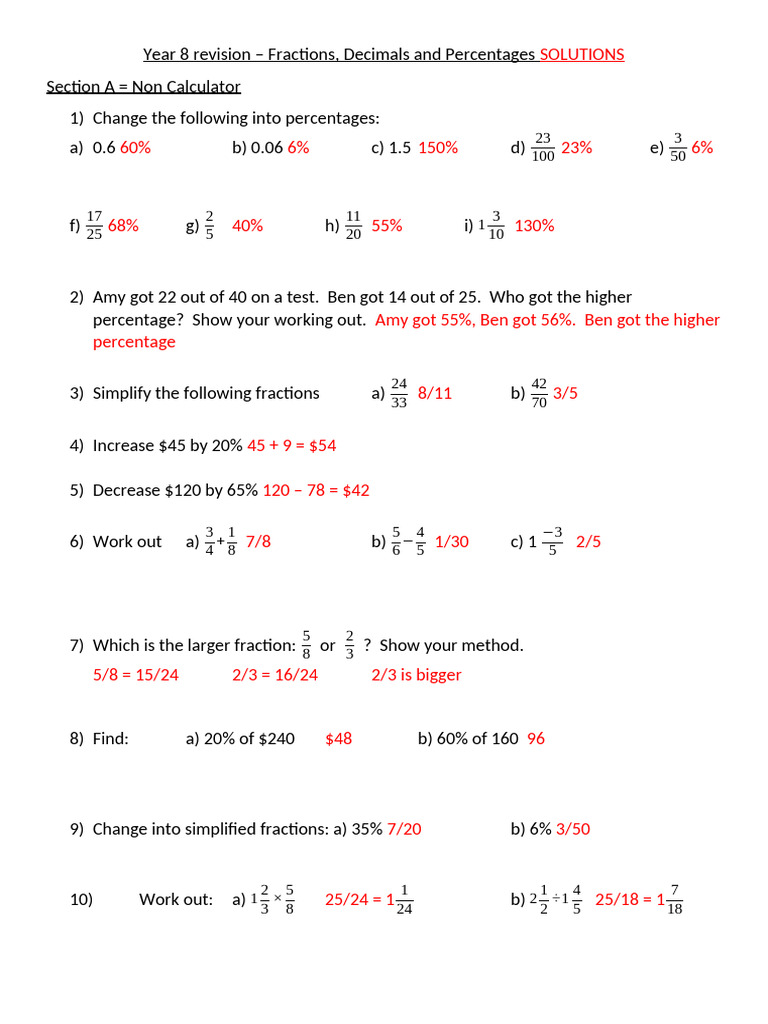 Fractions, Decimals and Percentages - SOLUTIONS - Year 8 Revision ...