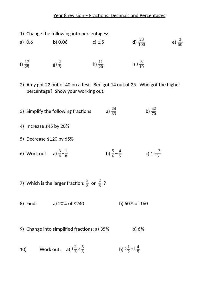 Fractions, Decimals and Percentages - Year 8 Revision Package | PDF