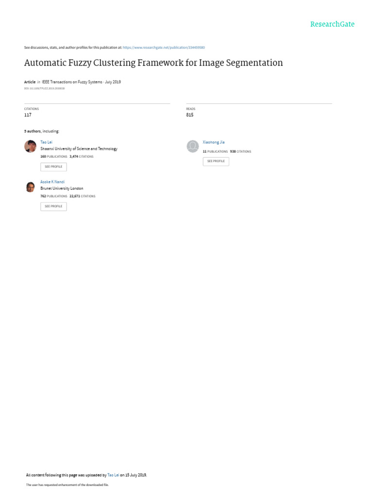 Automatic Fuzzy Clustering Framework For Image Segmentation | PDF | Image Segmentation | Cluster ...