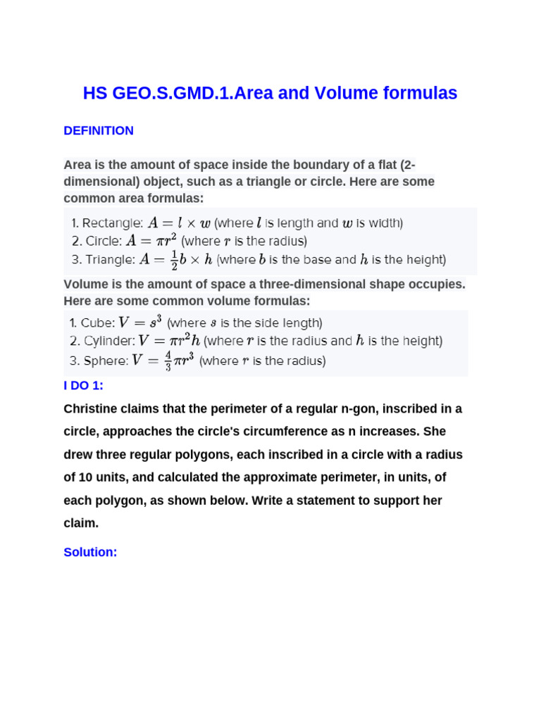 HS GEO.S.GMD.1.Area and Volume Formulas | PDF | Area | Circle