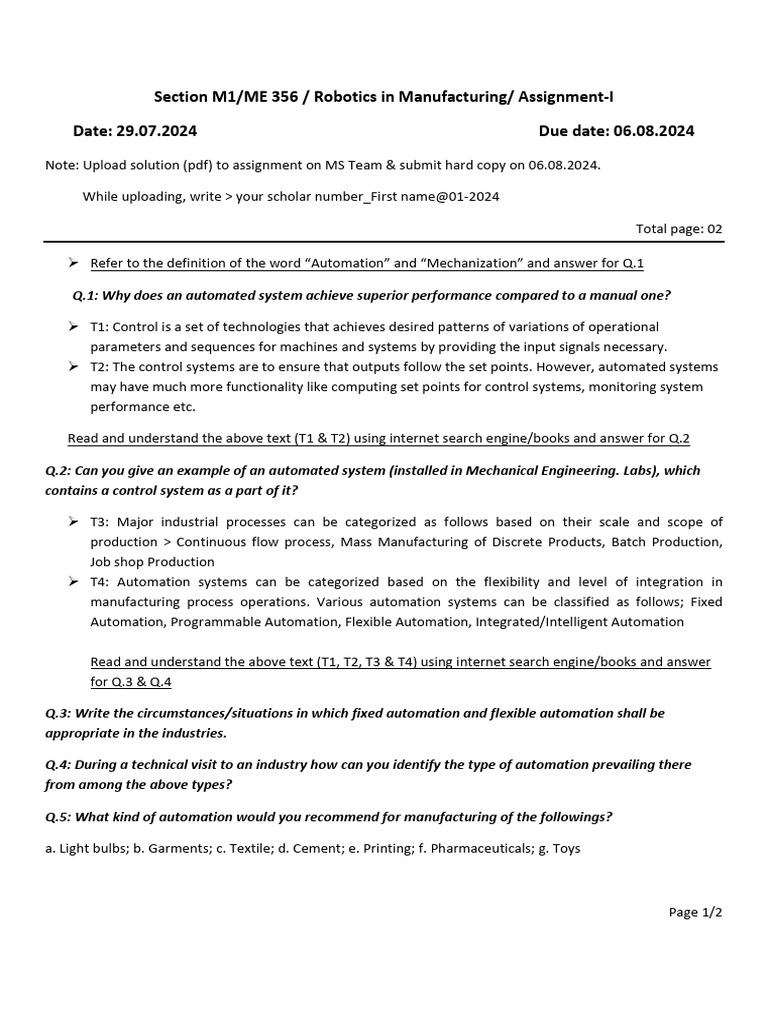 Solution Assignment 1 Robotic | PDF | Automation | Robot