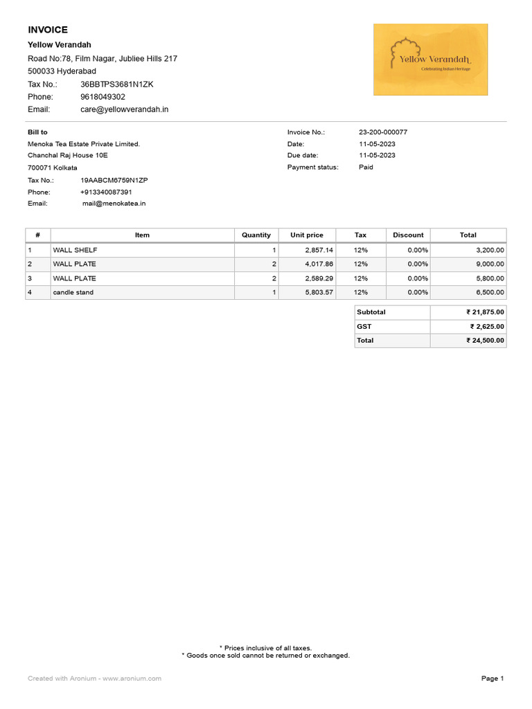 Invoice for Menoka Tea Estate | PDF