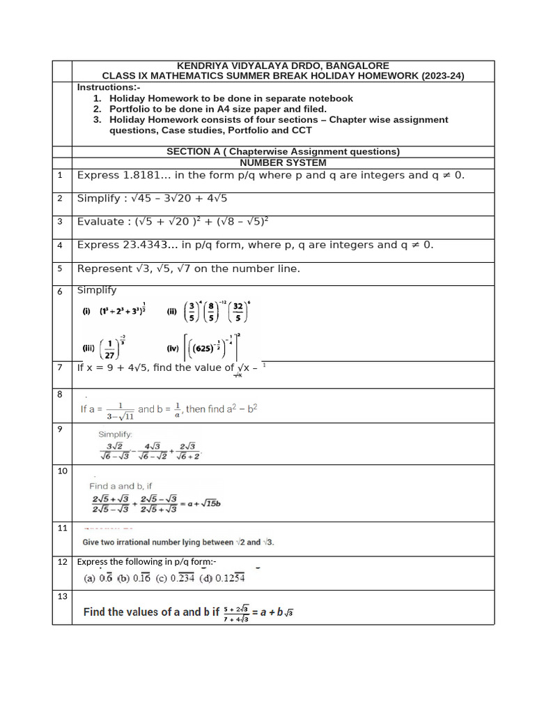 Class 9 Maths Holiday Homework 2023-24 | PDF | Cartesian Coordinate ...