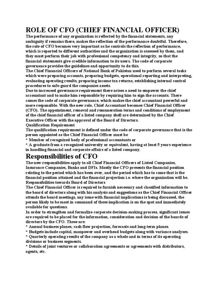 Role of Cfo | PDF | Chief Financial Officer | Financial Statement