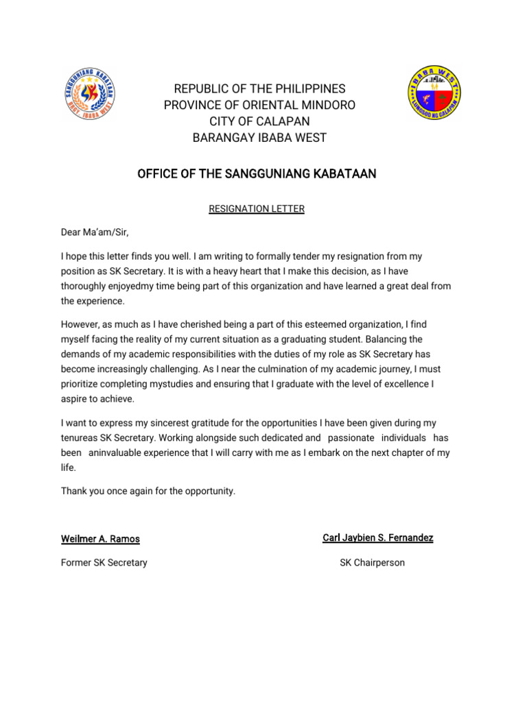 Resignation Letter from SK Secretary | PDF | Cooking, Food & Wine ...