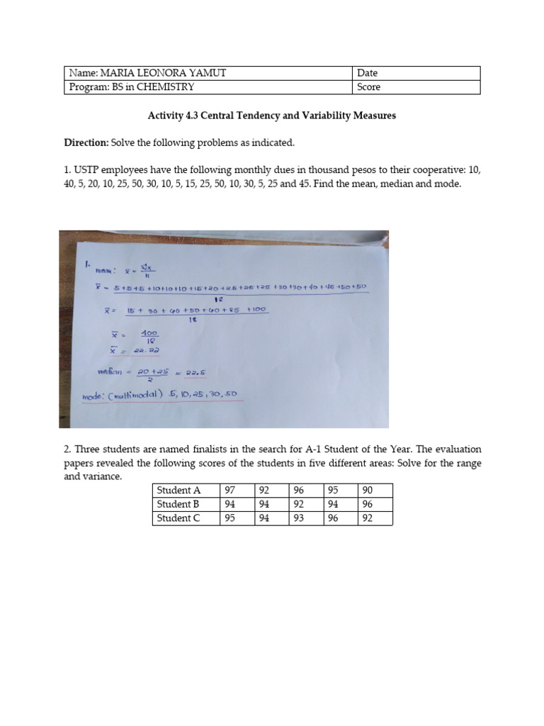Activity 4.3 Central Tendency and Variability Measures | PDF