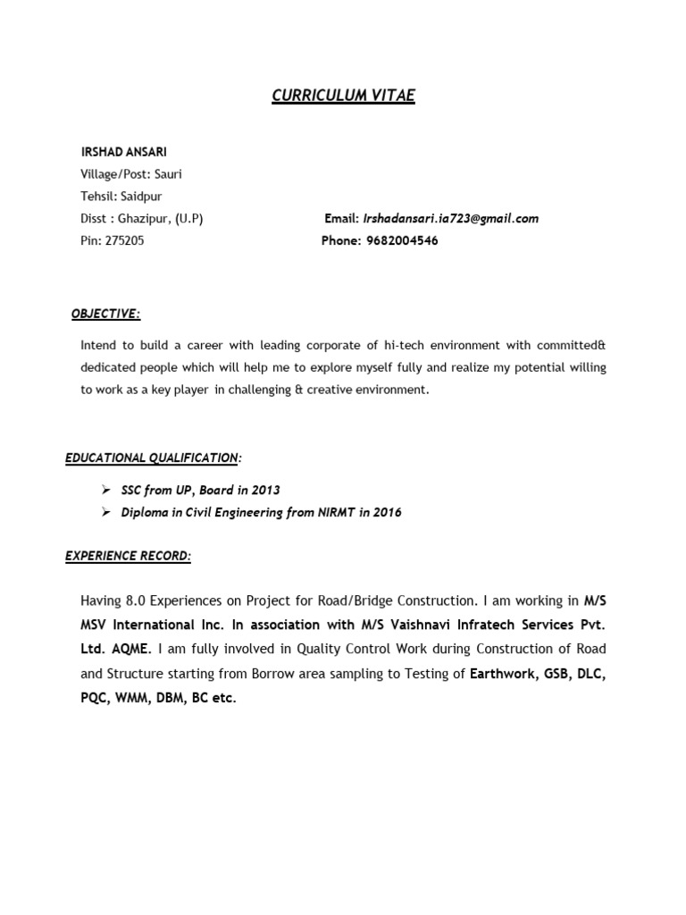 Irshad CV. 03. 06. 2024 AQME | PDF | Concrete | Building Engineering