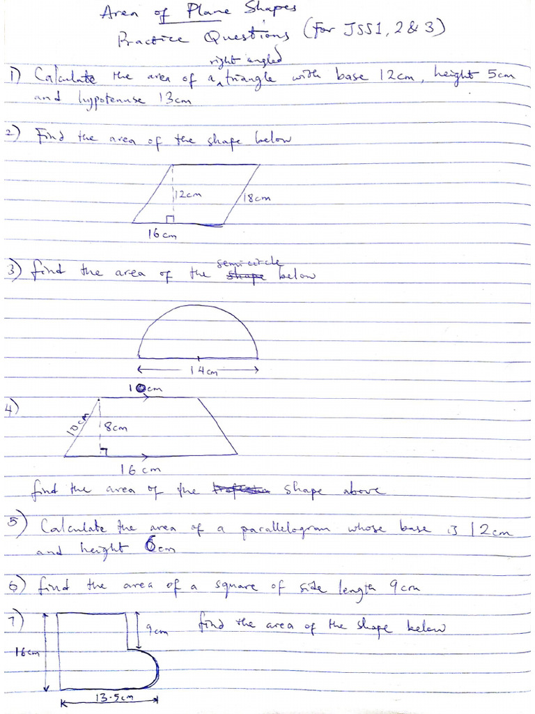 Area of plane shapes practice questions | PDF