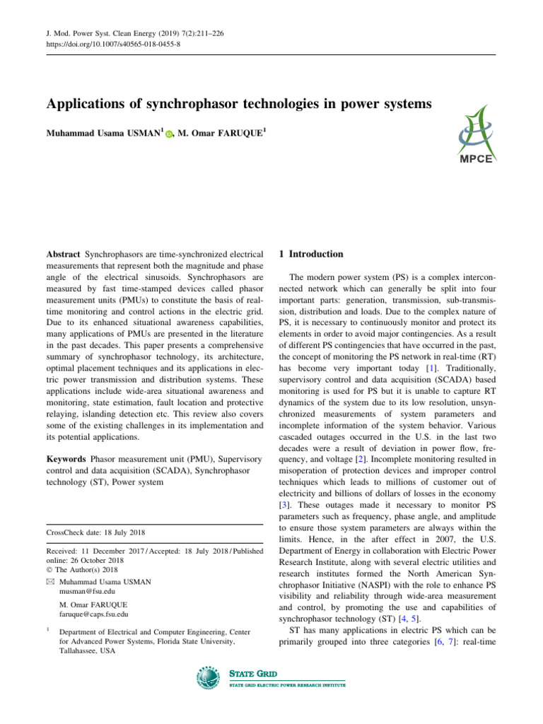 Applications of Synchrophasor Technologies in Power Systems | PDF | Electrical Engineering