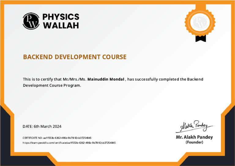 Backend end development course certificate | PDF