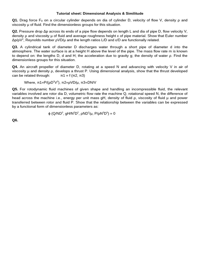Tutorial Sheet - Dimensional Analysis & Similitude | PDF