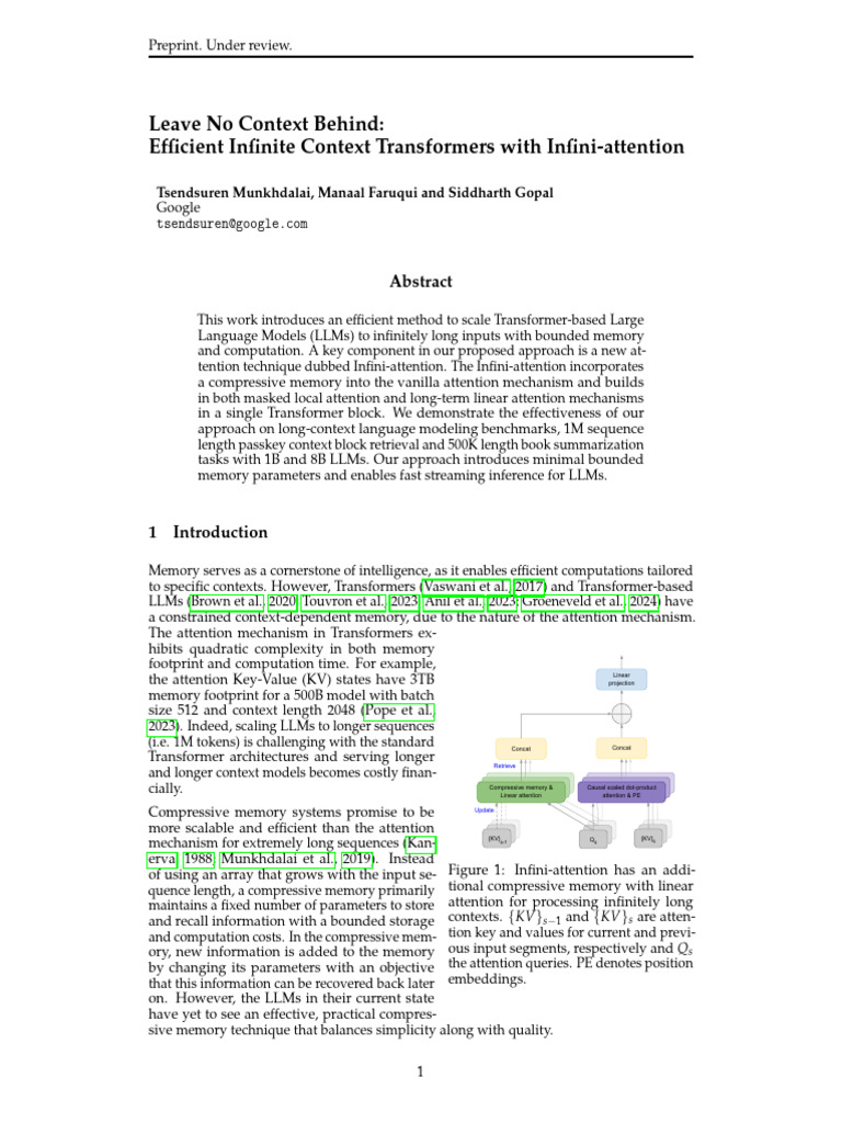 Leave No Context Behind: Efficient Infinite Context Transformers With Infini-Attention | PDF ...