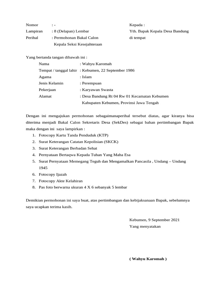 Revisi Surat Keterangan Permohonan Wahyu Karomah | PDF