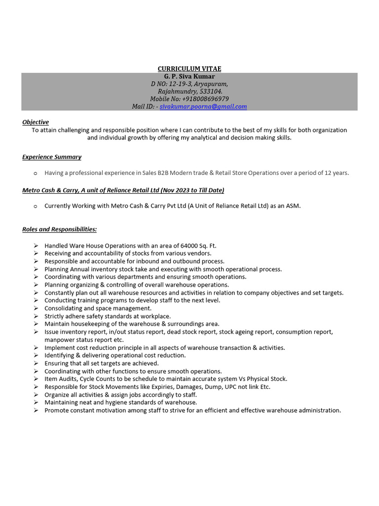 GP Siva Kumar Resume Metro | PDF | Retail | Warehouse