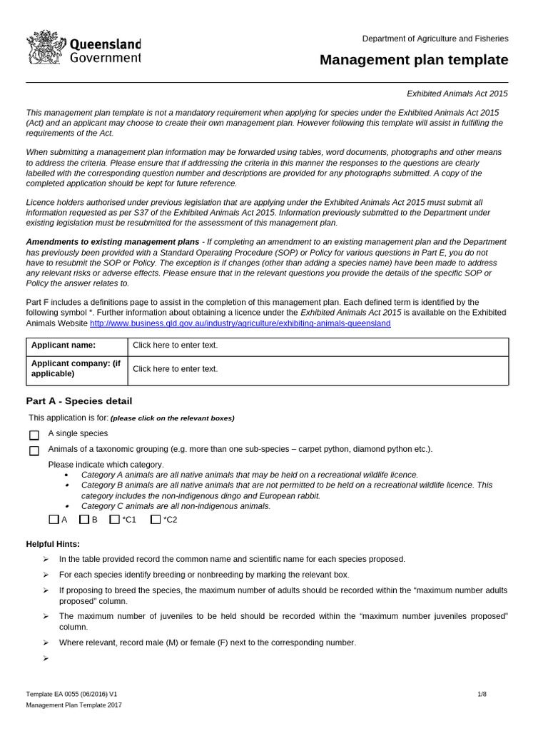 Management Plan Template With Guidelines | PDF | Zoo | Risk