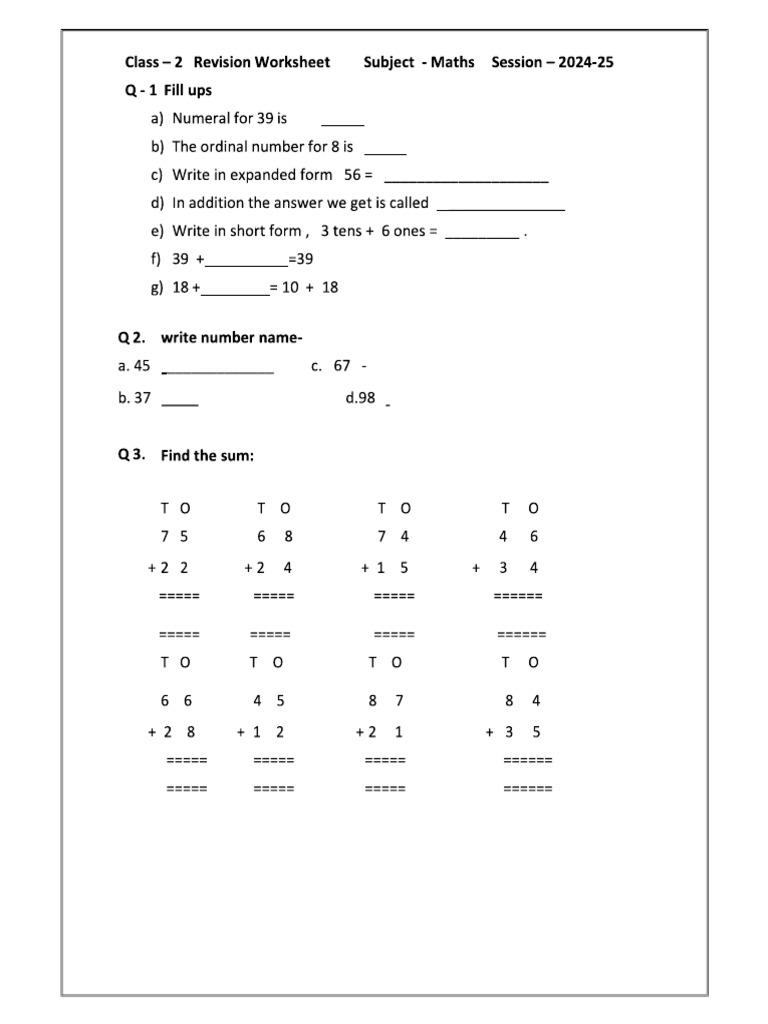 Class 2 Maths Fill, Number Name, Sum, Ascending, Decending, Addition ...
