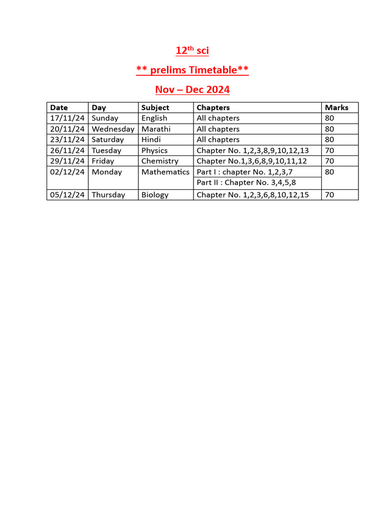 12th Science Prelims Timetable 2024 | PDF