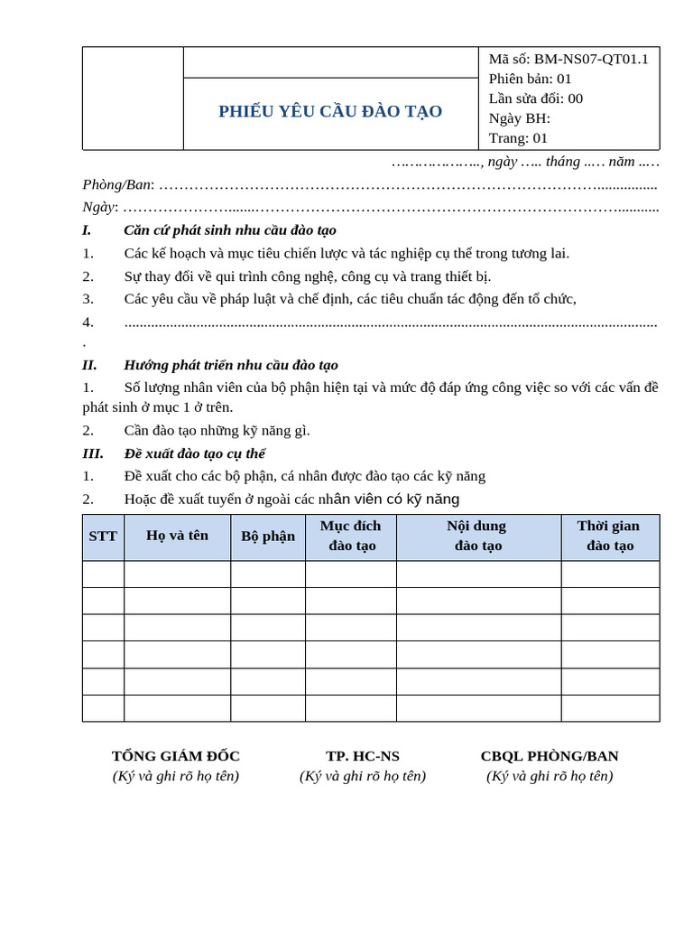 BM-NS07-QT01.1-Phieu Yeu Cau Dao Tao | PDF