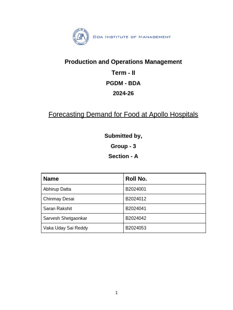 Food Demand Forecasting at Apollo Hospitals | PDF | Forecasting ...