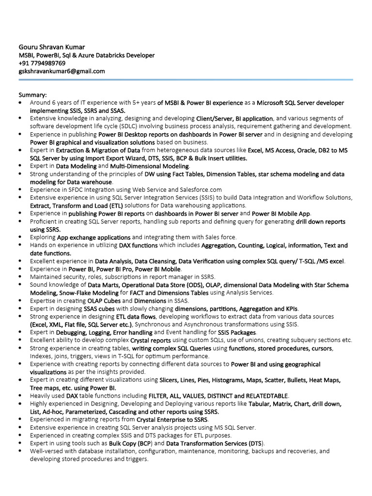 MSBI & Power BI Developer Profile | PDF | Microsoft Sql Server | Databases