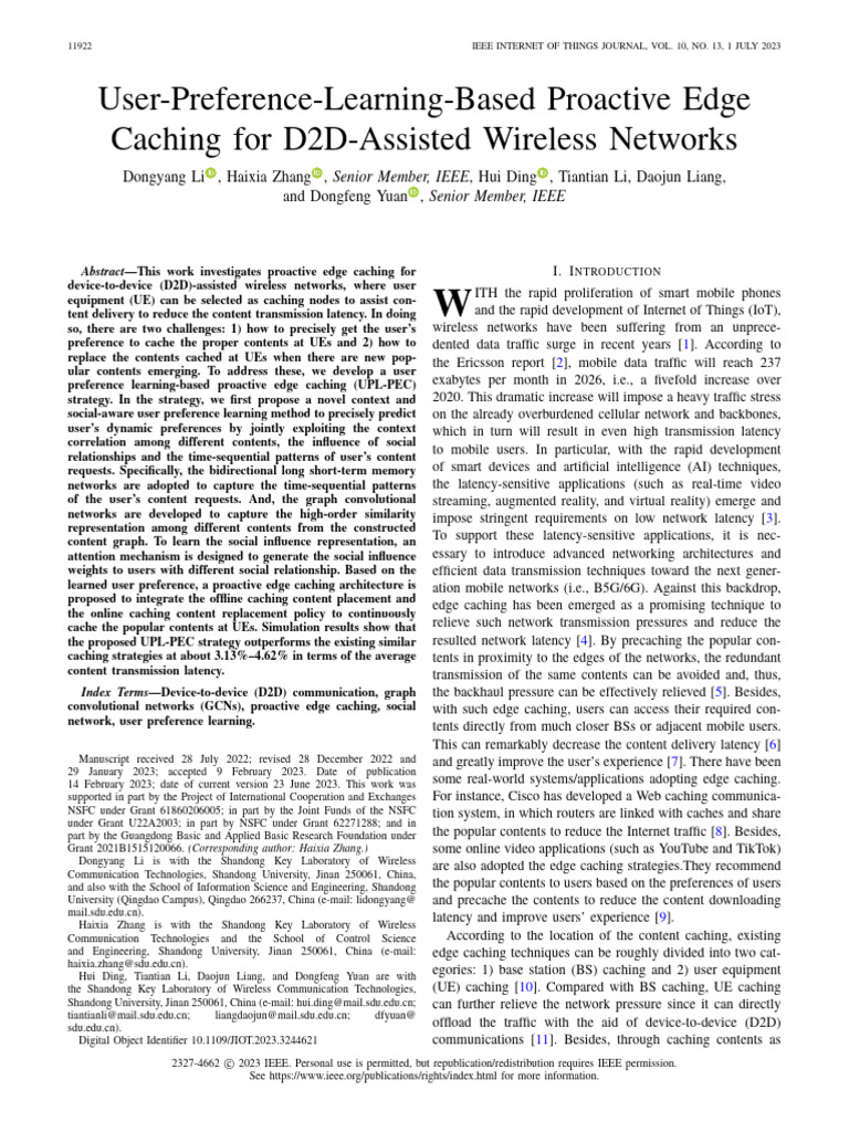 User-Preference-Learning-Based Proactive Edge Caching For D2D-Assisted Wireless Networks | PDF ...