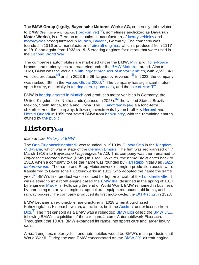 History: BMW Group Bayerische Motoren Werke AG BMW Bavarian Motor Works ...