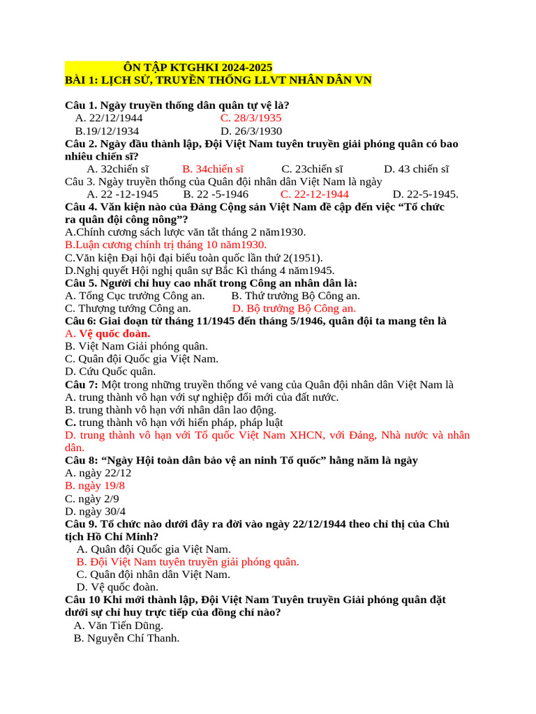 Câu Hỏi Ôn Tập Ktghk1 Gdqpan 10 | PDF