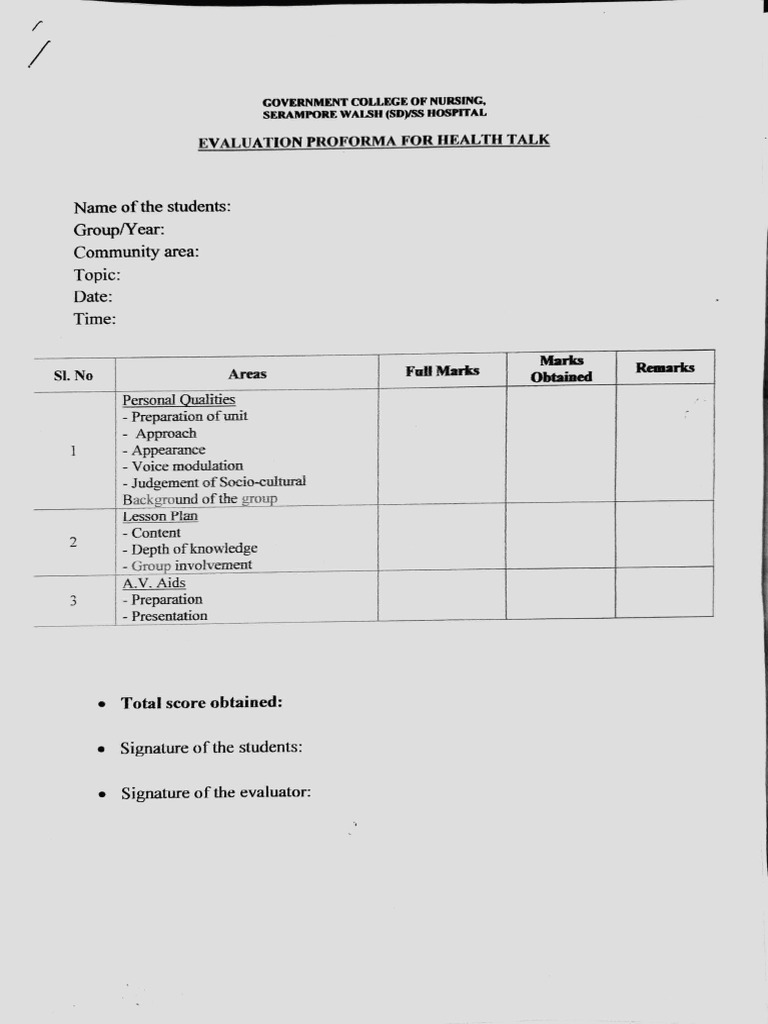Health Talk Evaluation Proforma | PDF | Evaluation | Teachers
