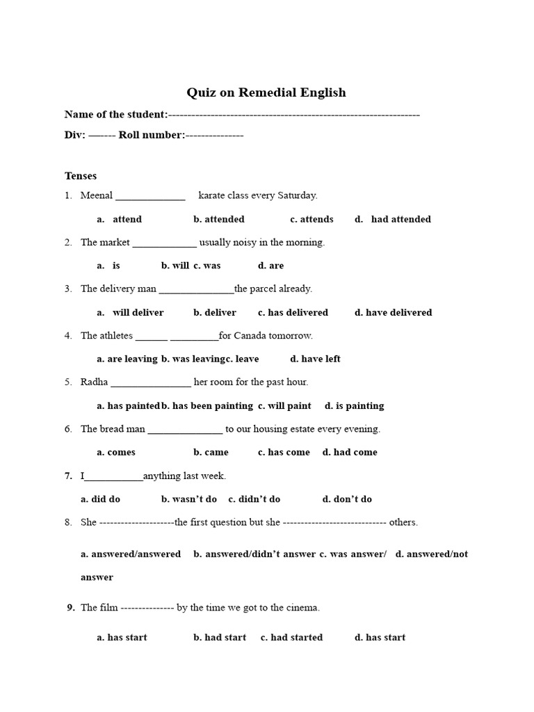 Remedial English Quiz on Tenses and Grammar | PDF