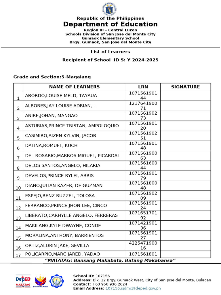 Gumaok Elementary School Learner List | PDF