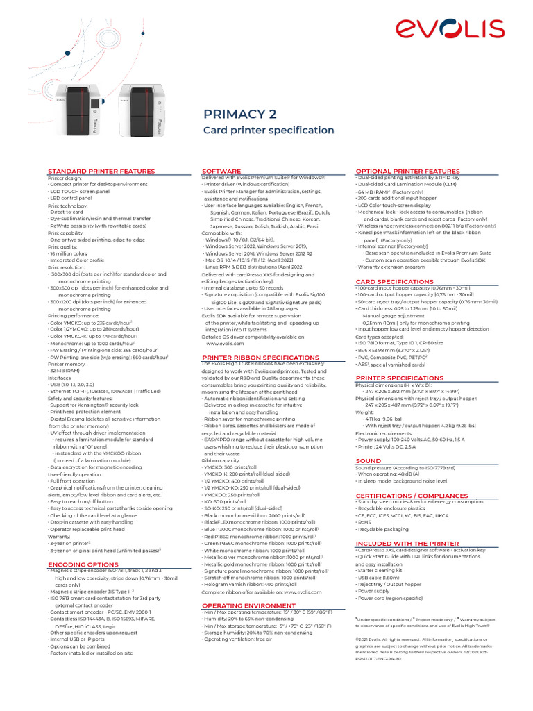 Specsheet Primacy2 KB PRM2 1117 ENG A4 A1 | PDF | Printer (Computing) | Microsoft Windows