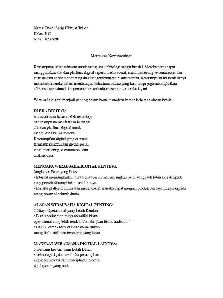 Dandi Sarip Hidayat Tulloh - 012324201 - Kewirausahaan | PDF | Bisnis