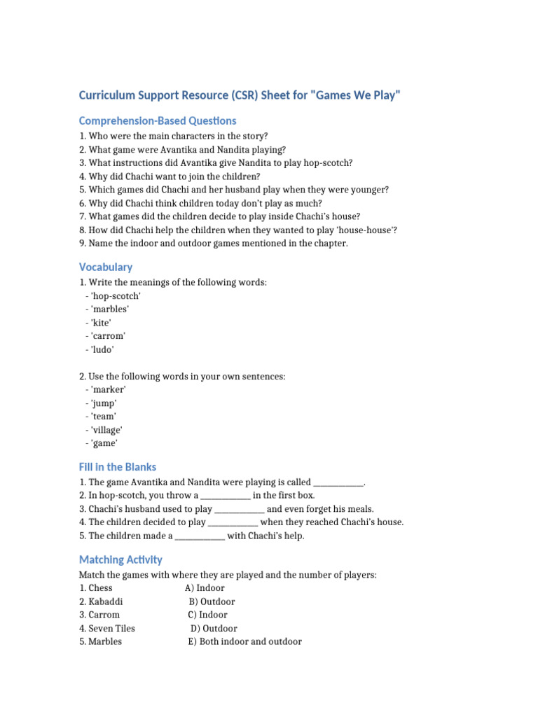 Games We Play CSR Sheet | PDF | Games & Activities