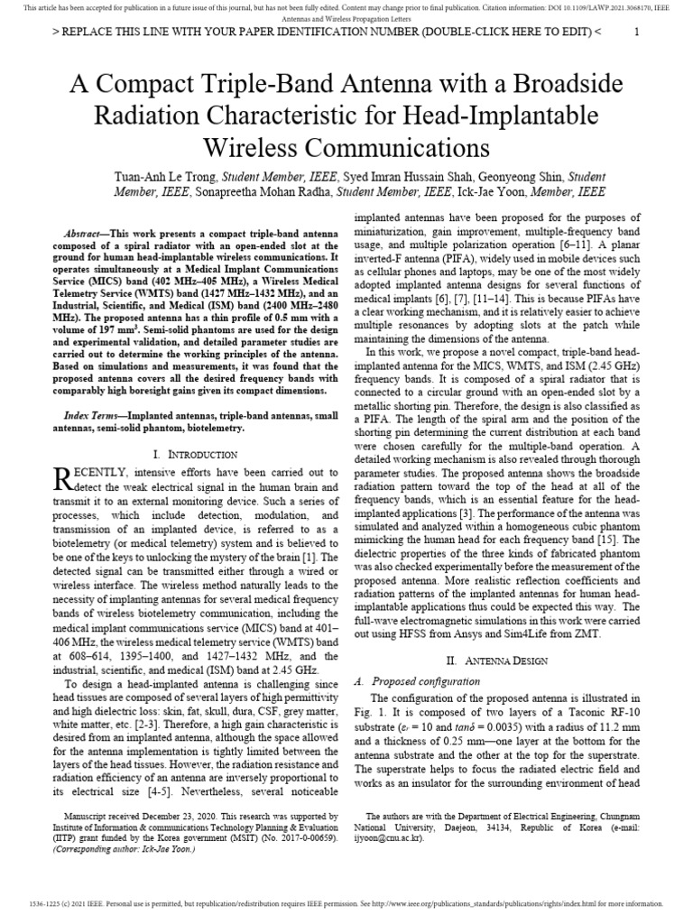 A Compact Triple Band Antenna With A Broadside Radiation Characteristic For Head Implantable