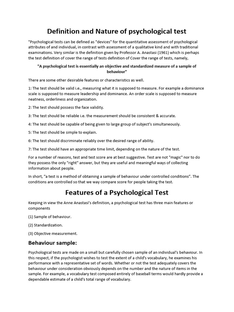 Definition and Nature of Psychological Test | PDF | Psychological ...