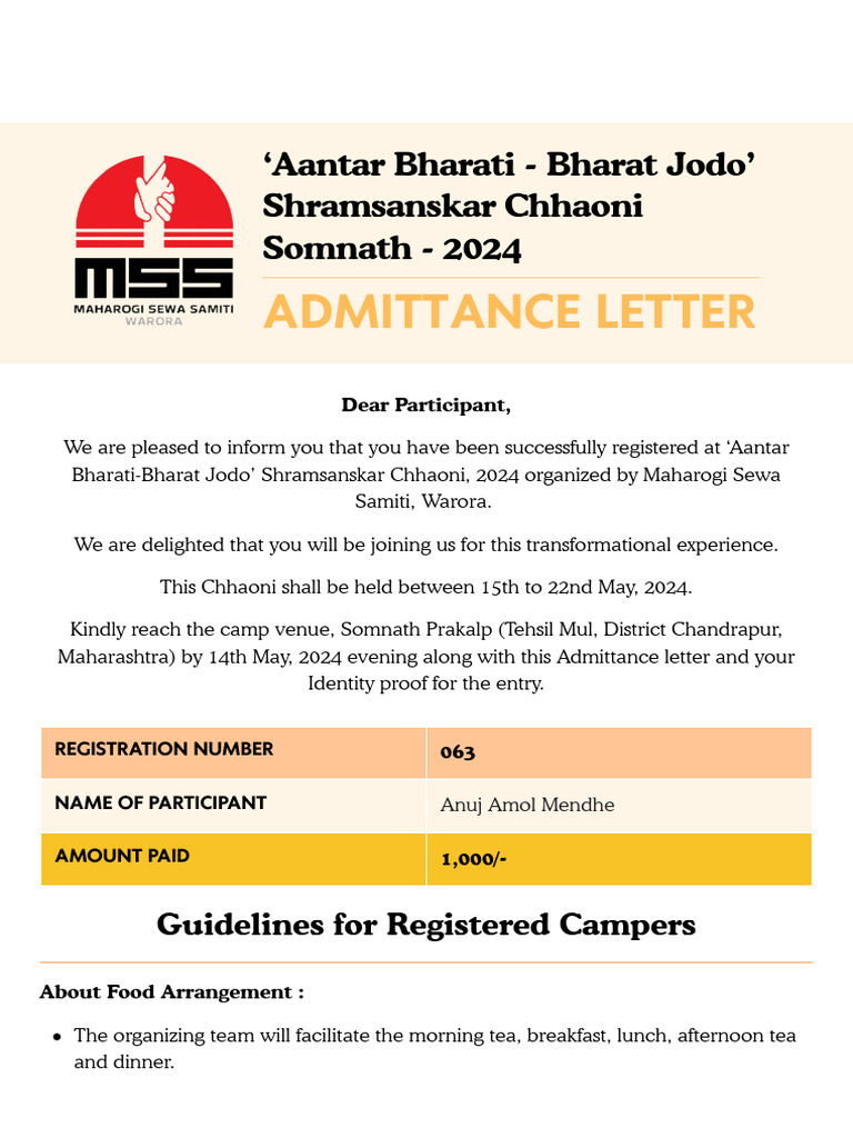 Admittance Letter: Aantar Bharati - Bharat Jodo' Shramsanskar Chhaoni ...