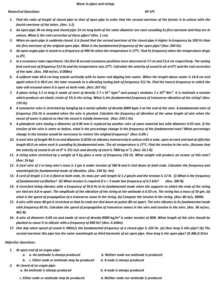Waves in Pipes and Strings: Numerical & Objective Questions | PDF | Normal Mode | Waves