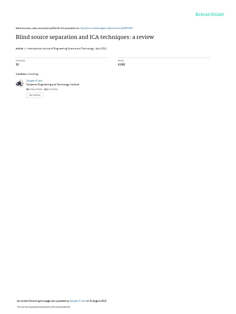 Blind Source Separation And Ica Techniques A Revie Pdf Signal