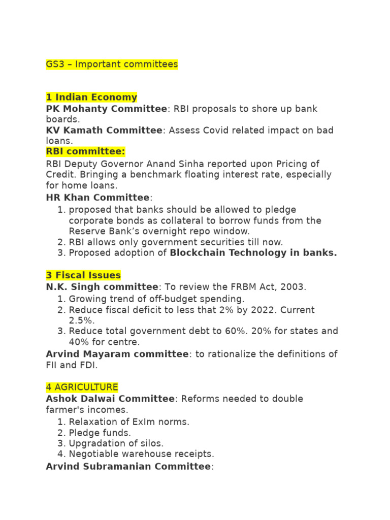 Key Committees in Indian Economy | PDF | Reserve Bank Of India | Banking