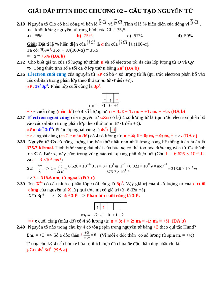 Hoa Dai Cuong - Nguyen Son Bach - Giai Dap BTTN HDC Chuong 02 - Cau Tao Nguyen Tu | PDF