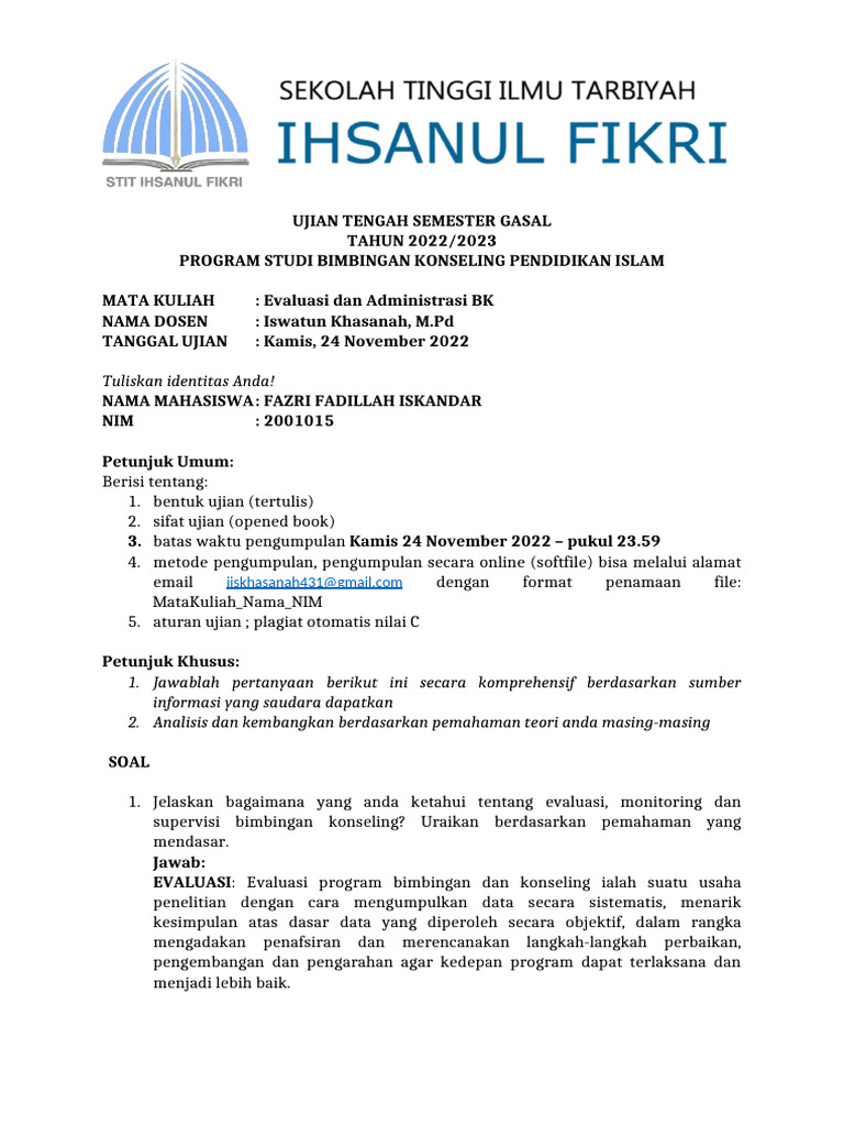 Evaluasi & Administrasi BK - Fazri Fadillah Iskandar - 2001015 | PDF