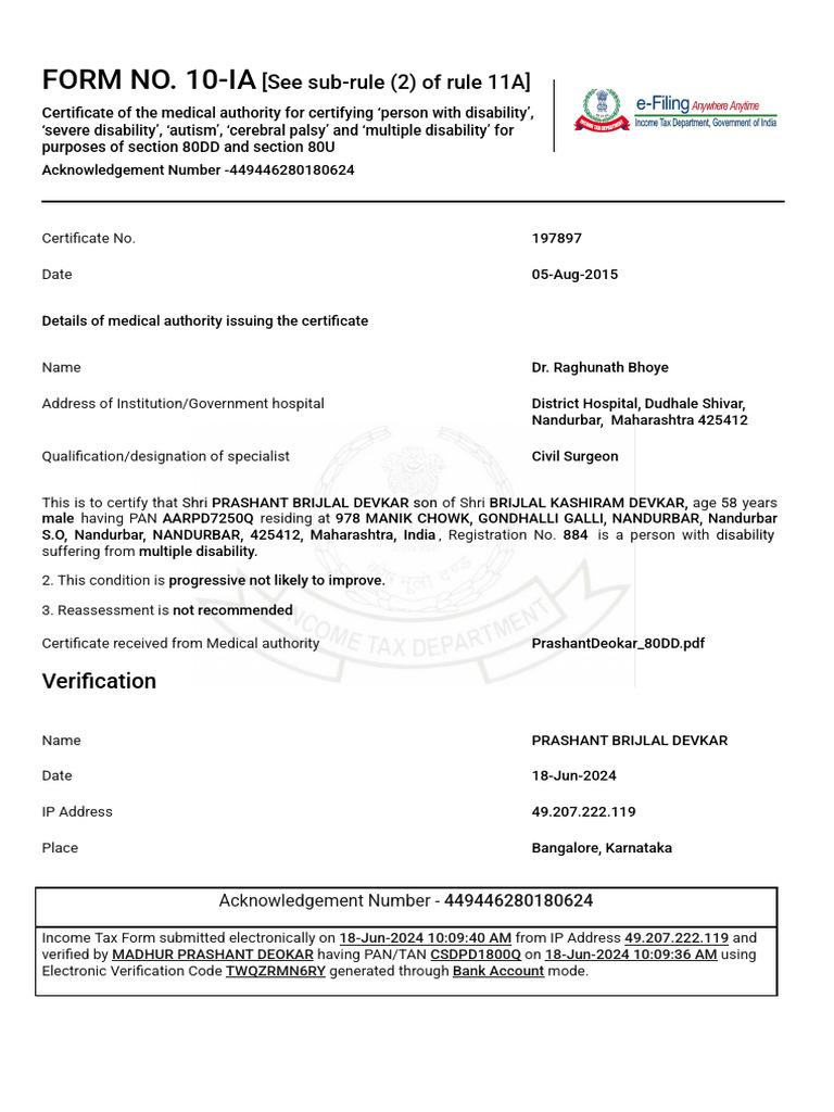 Form 10-IA Disability Certificate Sample | PDF