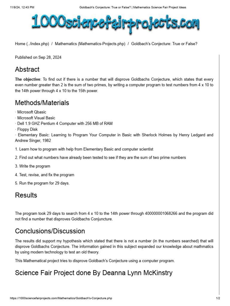 Goldbach's Conjecture - True or False - Mathematics Science Fair ...