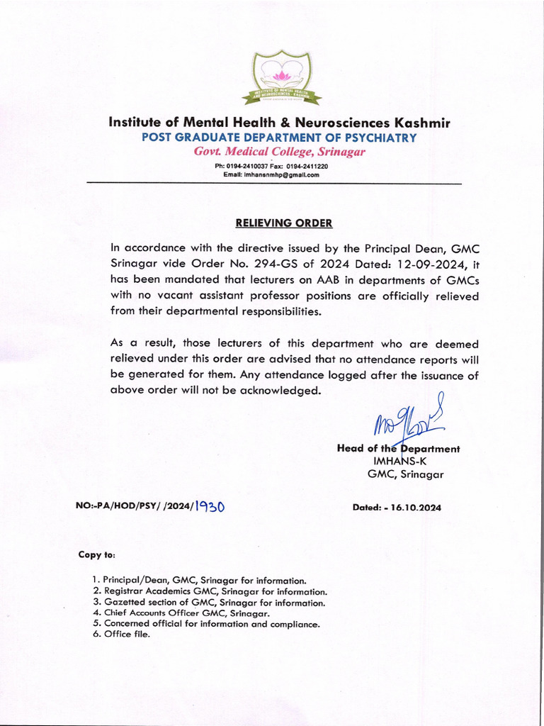 Relieving Order of AAB's of Clinical Psychology - 0001 | PDF